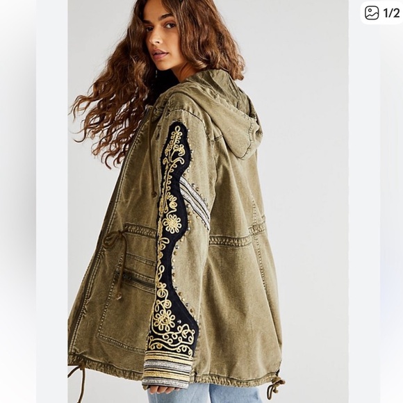 Free People | Jackets & Coats | Free People Khaki Embroidered Utility ...